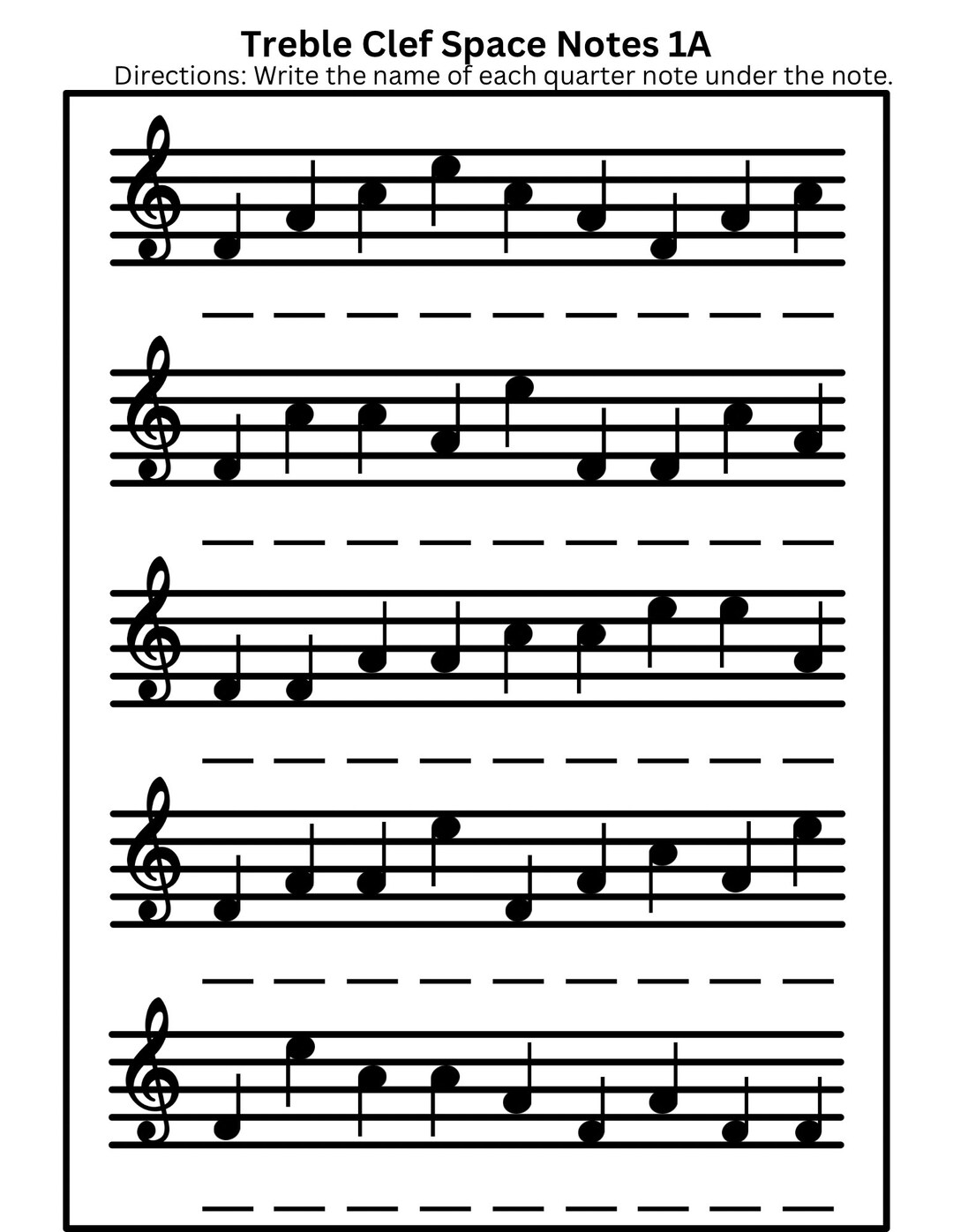 Treble Clef Space Notes Worksheet 1A - Etsy
