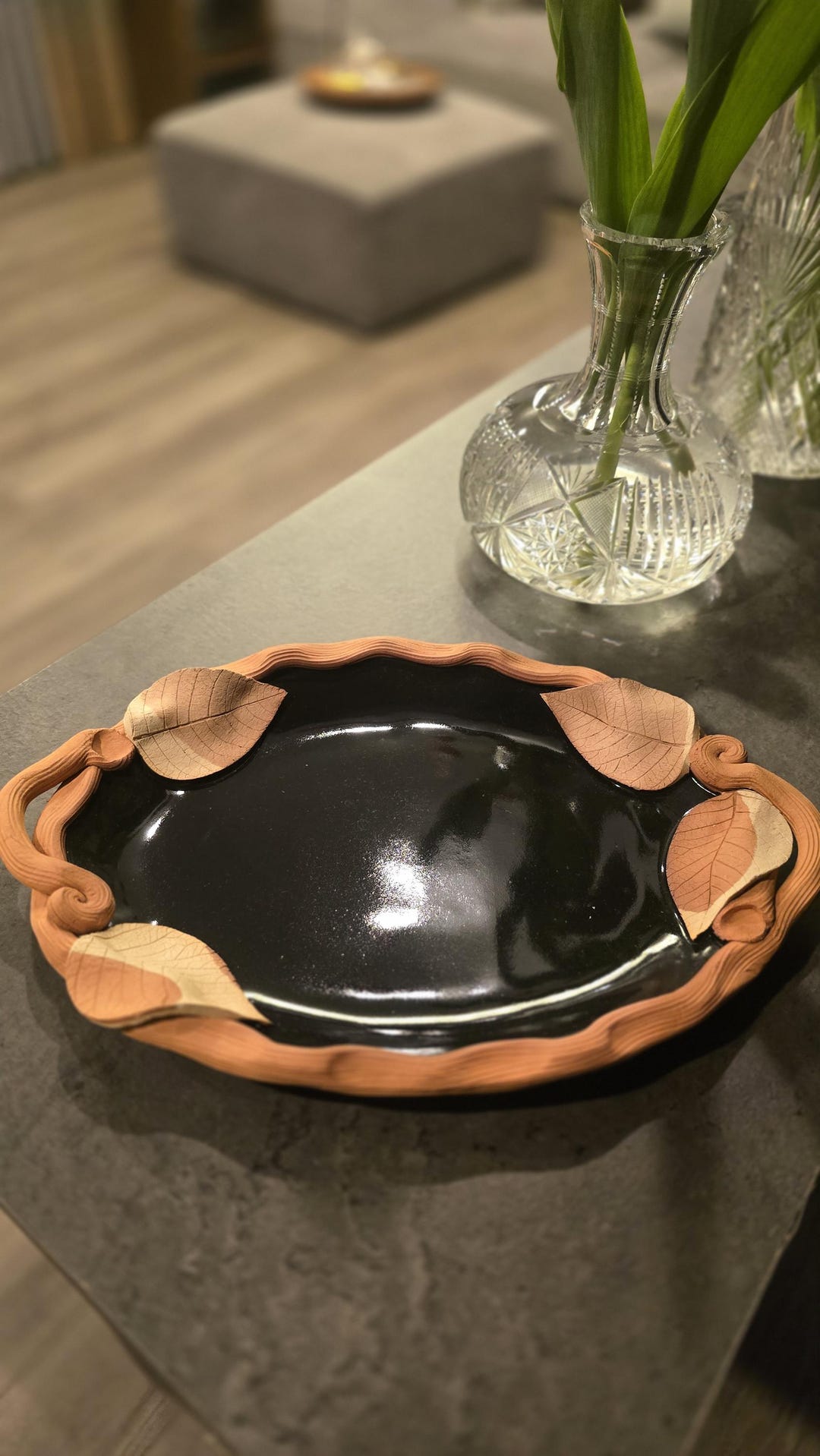 Handmade Brigitte Haag Pottery Black Oval Tray With Leaves & Handles - Etsy