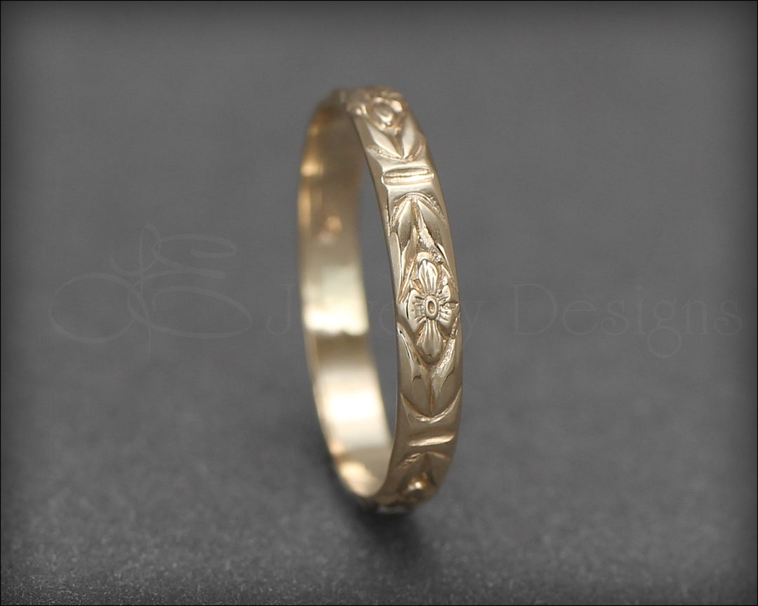 14k Gold Floral Band Gold Wedding Band, Gold Flower Ring, Unisex ...