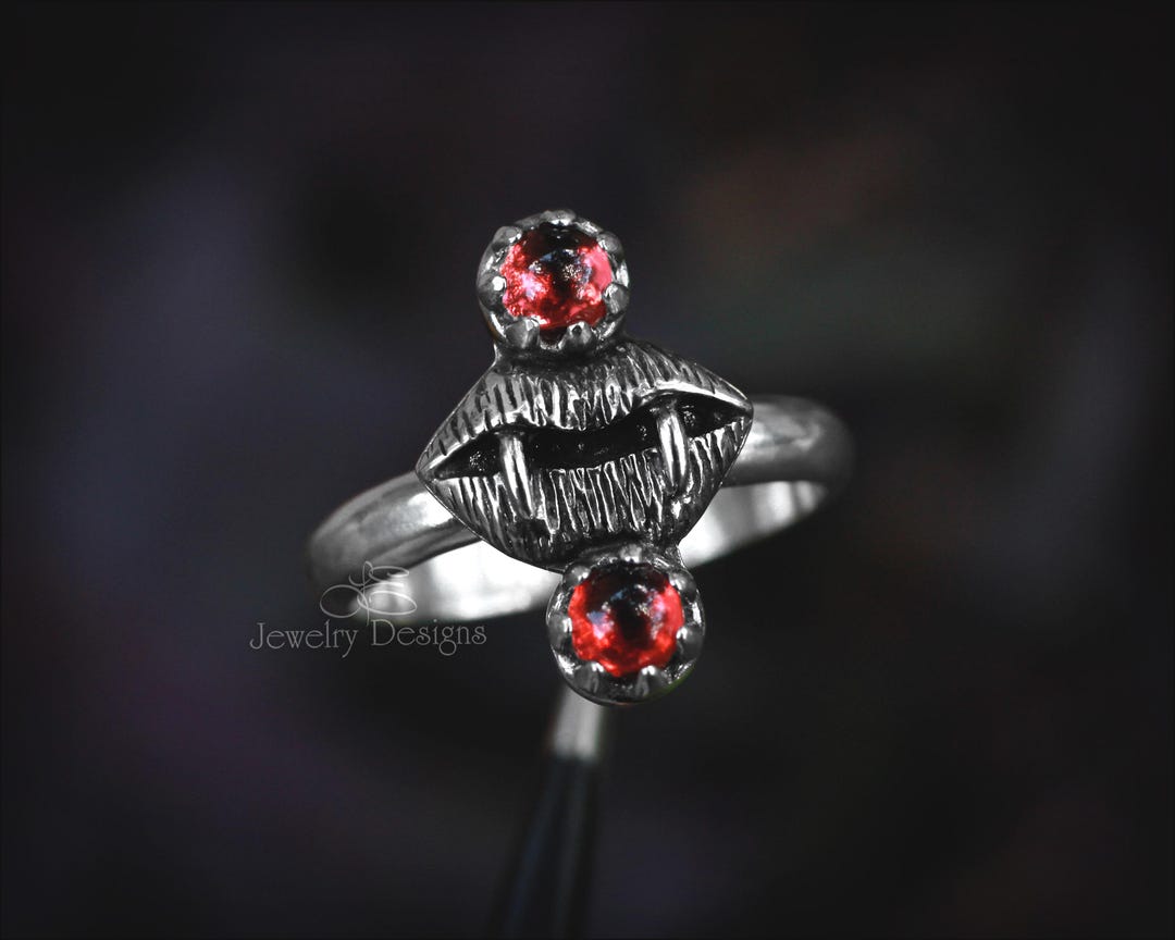 Sterling Silver Vampire Fangs Ring – Garnet Blood Drops, Gothic Jewelry ...