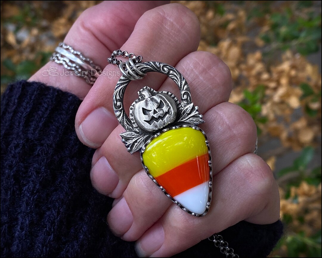 Sterling Candy Corn Pumpkin Necklace - Glass Candy Corn, Gothic ...