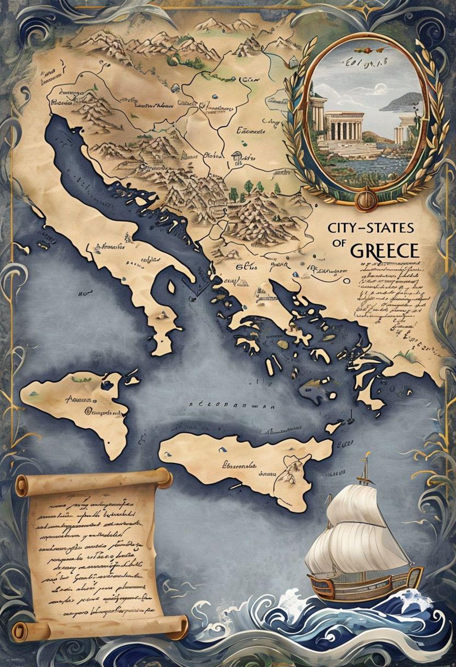 Explore Ancient Greece: Intricate Map of Athens, Sparta, Delphi ...