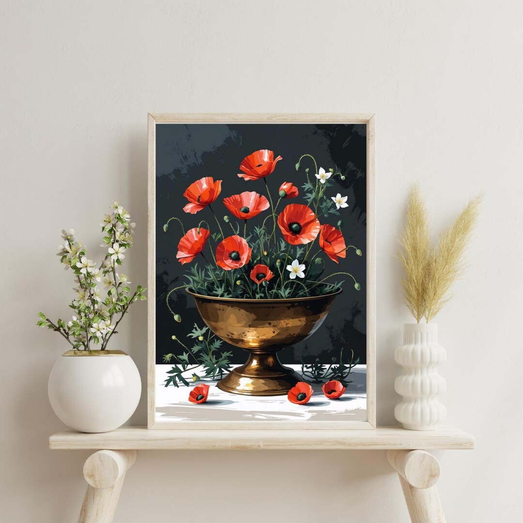 Vintage Red Poppy Flower Art Print | Botanical Wall Art | Dark Floral ...