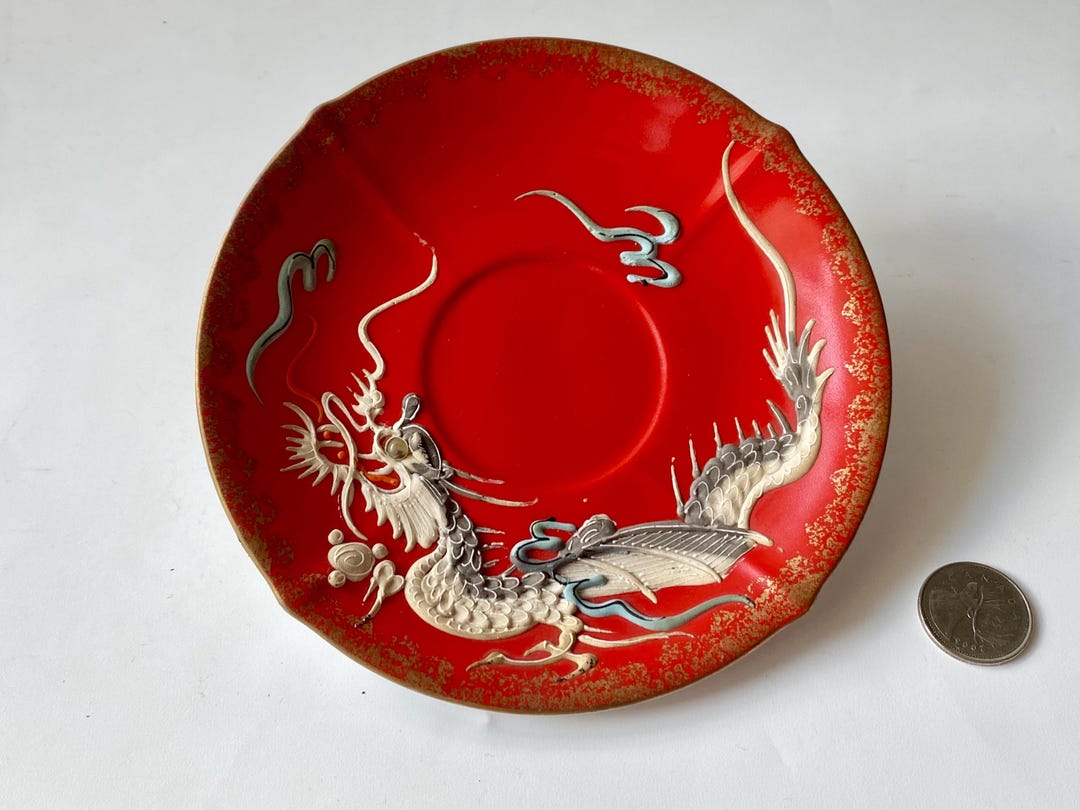 Vintage Moriage Dragonware Saucer Japan 60s Era, Red White Grey Dragon ...