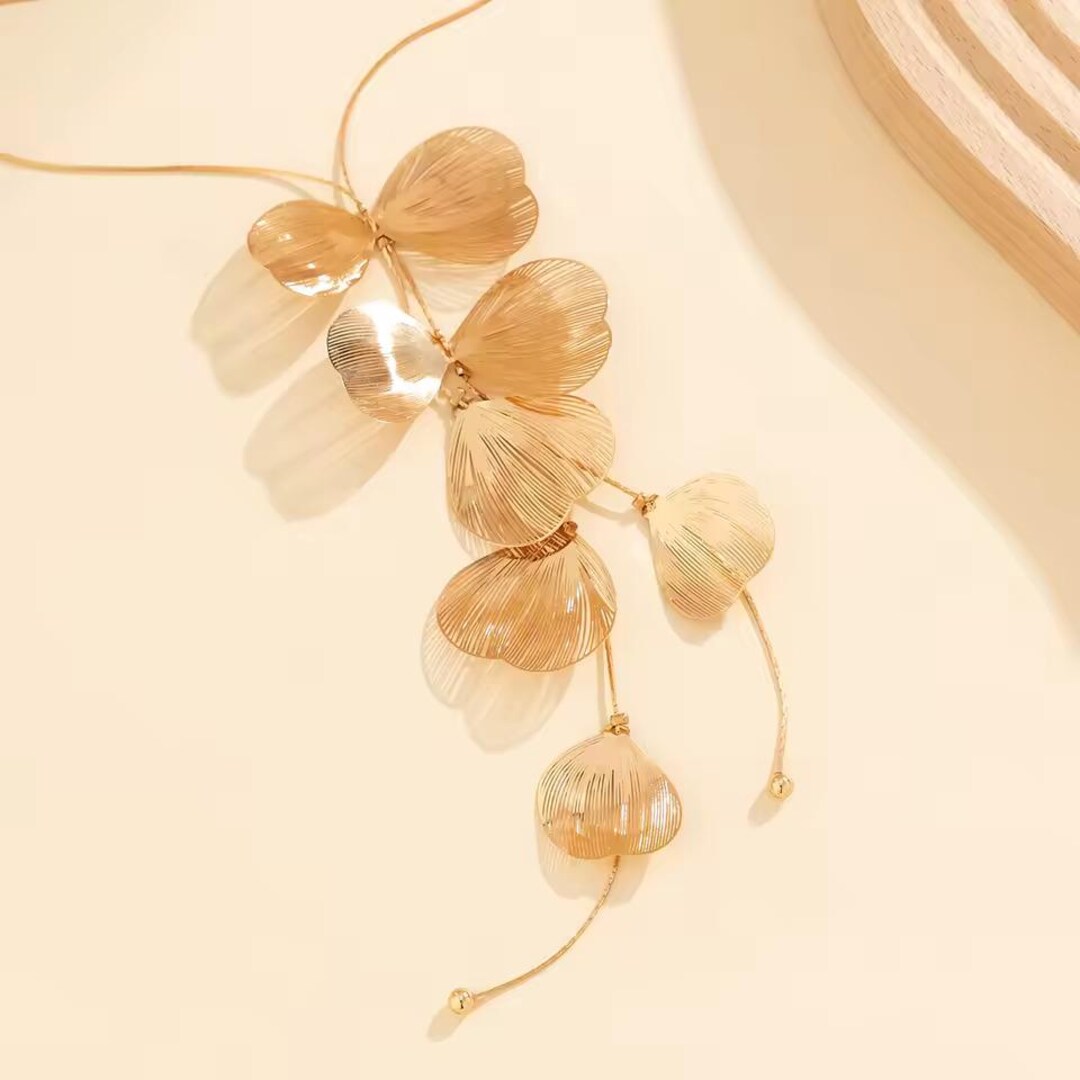 Long Gold Tassel Chest Necklace With Leaf Pendants – Trendy Statement ...