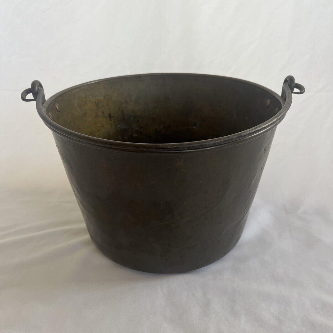 Vintage Brass Kettle Bucket Pot Pail W/ Iron Handle 12.5" Wide 8.5 ...