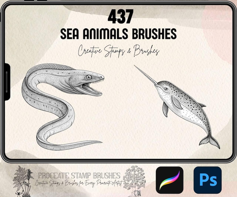 437 Sea Animal Brushes for Procreate & Photoshop – Marine Life, Ocean ...