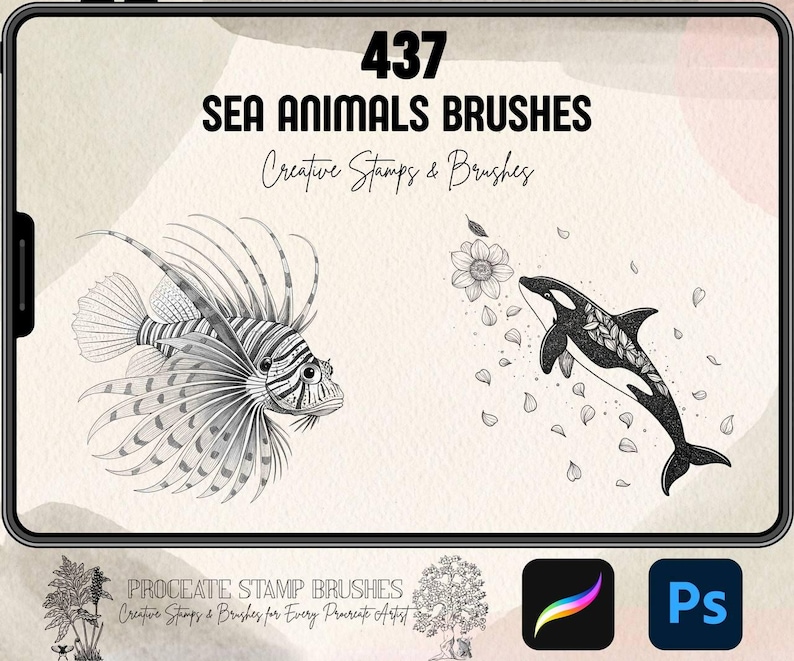 437 Sea Animal Brushes for Procreate & Photoshop – Marine Life, Ocean Creatures, Tattoo Line Art ...