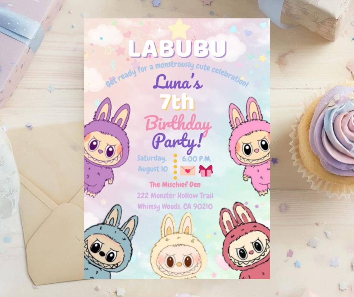 Labubu Invitation Template | Editable Birthday Invite | Digital Canva ...