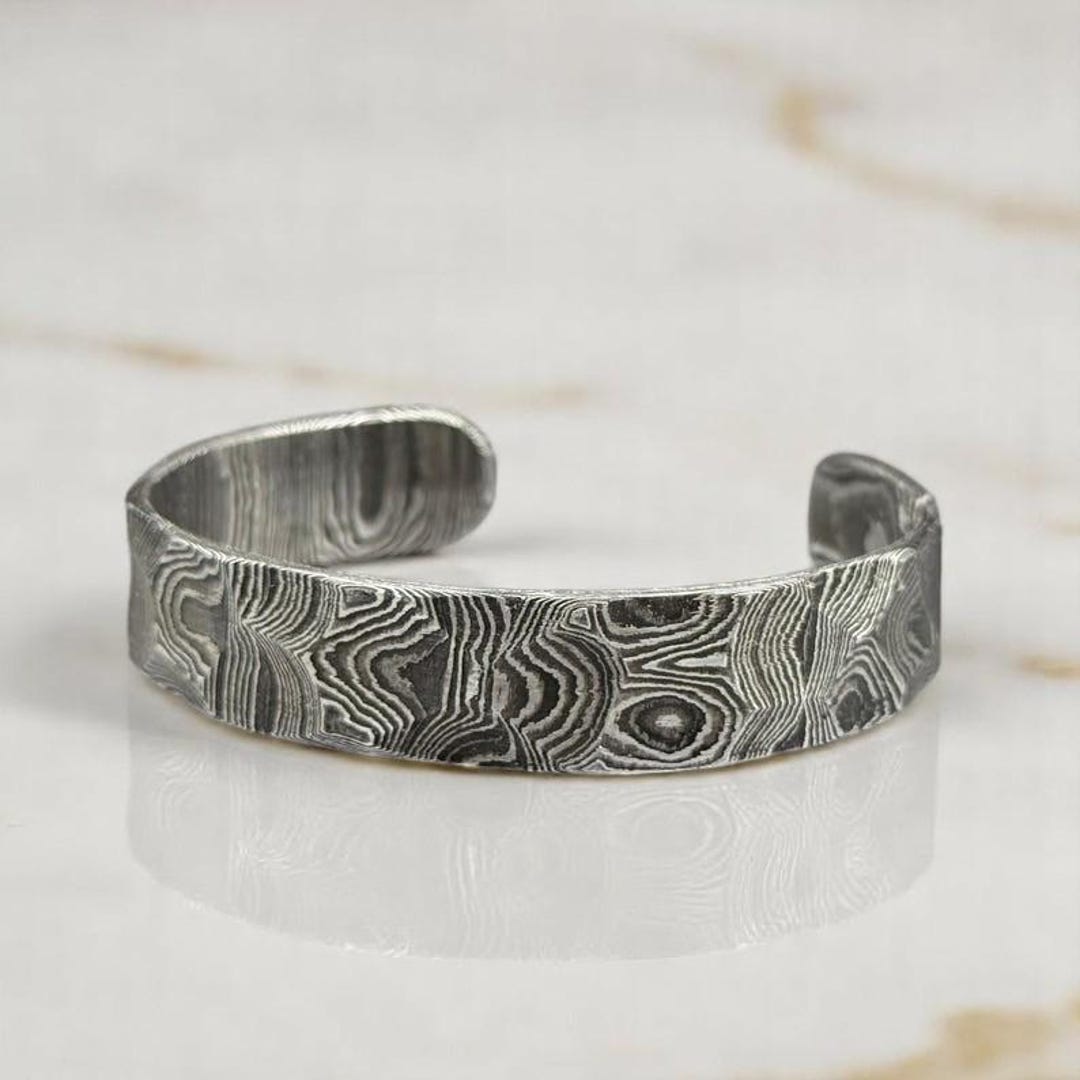 Damascus Hammered Bangle Hand Forged Steel Cuff Bracelet Viking Modern ...