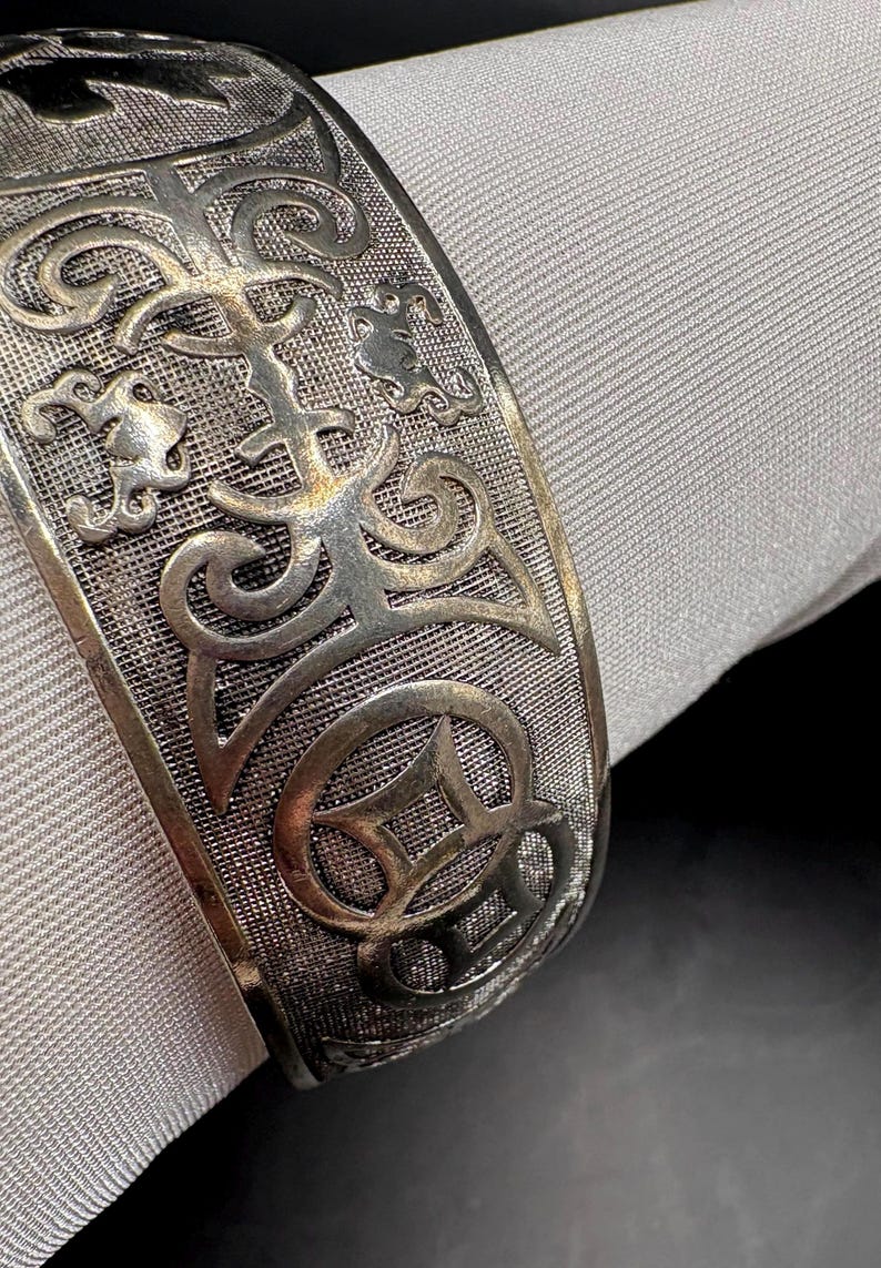 Vintage Chinese Symbol Silver Tone Cuff Bangle, Large Size, No ...