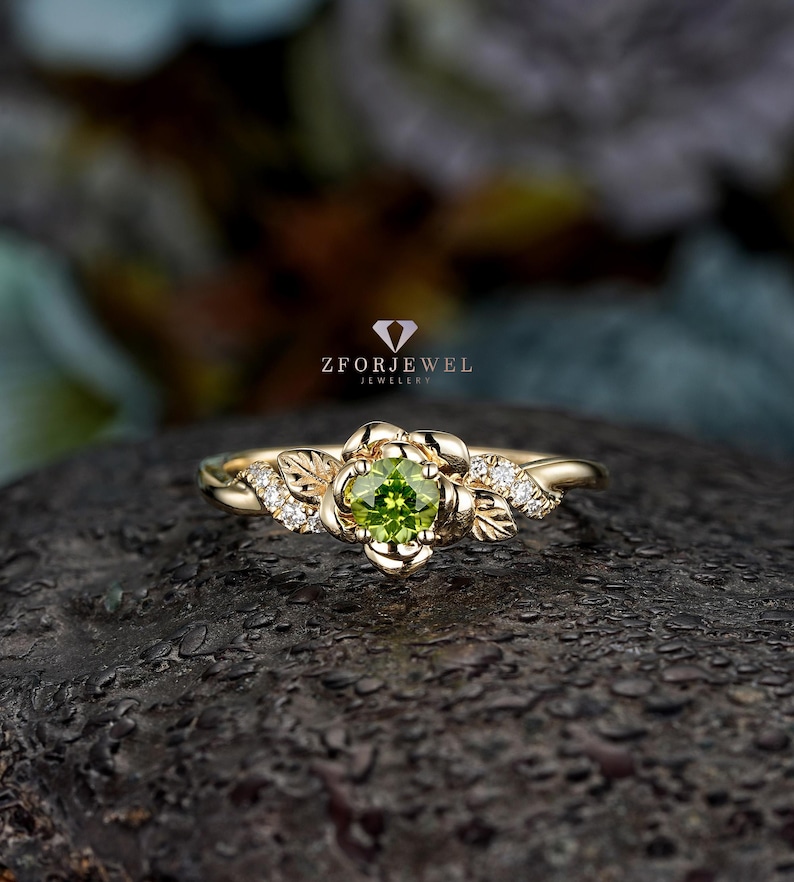 Nature Inspired Round Shape Peridot Floral Engagement Ring Yellow Gold ...