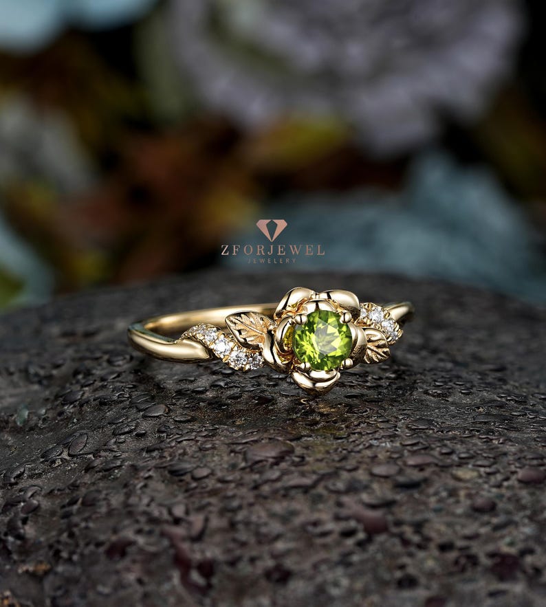 Nature Inspired Round Shape Peridot Floral Engagement Ring Yellow Gold ...