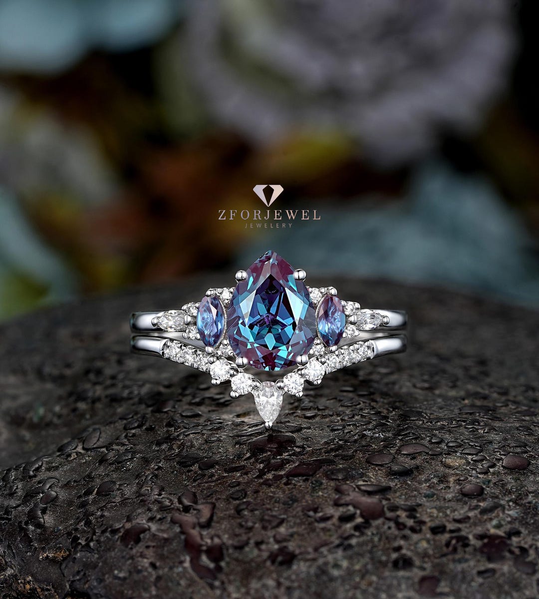 Vintage Platinum Pear Shape Alexandrite Engagement Ring Set: 10k 14k ...