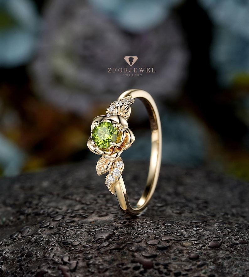 Nature Inspired Round Shape Peridot Floral Engagement Ring Yellow Gold ...