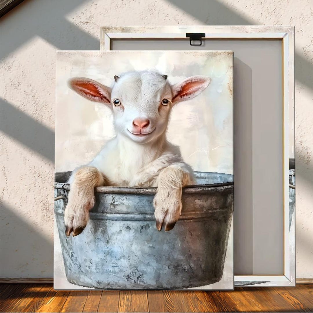 Baby Goat in Bucket Framed Decorative Painting, Goat Wall Art, Living ...