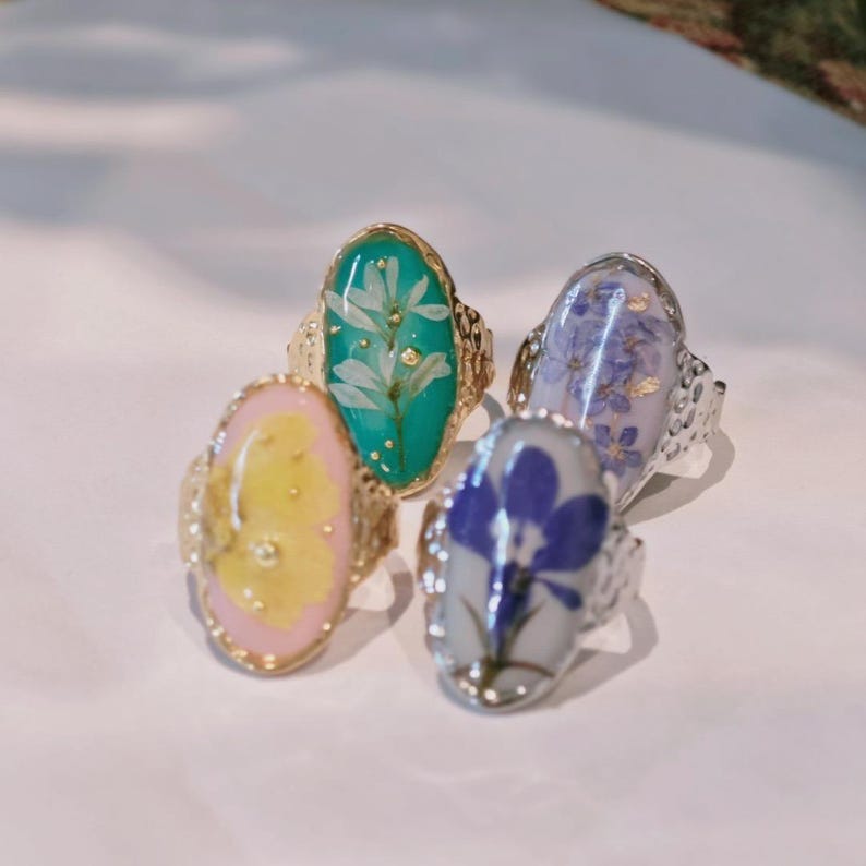 Real Flower Rings. Resin Pressed Natural Flower Adjustable Ring ...