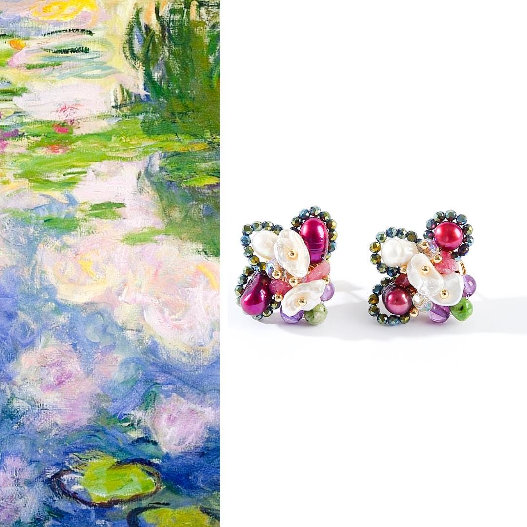 Monet Art Inspired Amethyst Baroque Pearl Stud Earrings. Handmade Gold ...