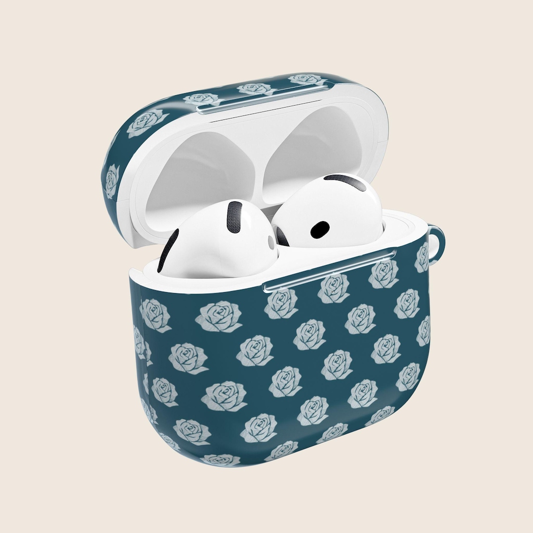 Floral AirPod Case, White Rose Pattern, Patina Blue, Protective Cover ...
