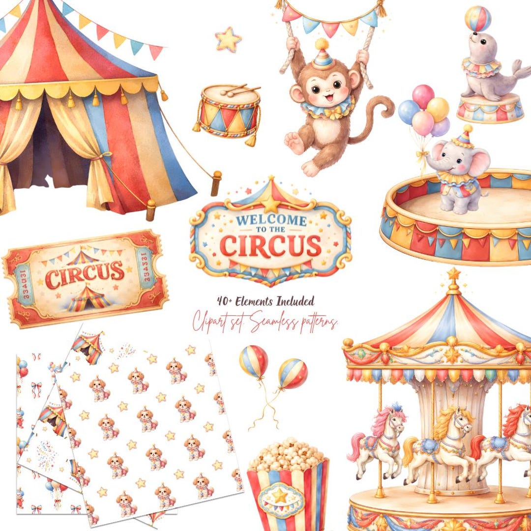 Watercolor Circus Animals Clipart Set, Baby Shower Design Kit (digital ...