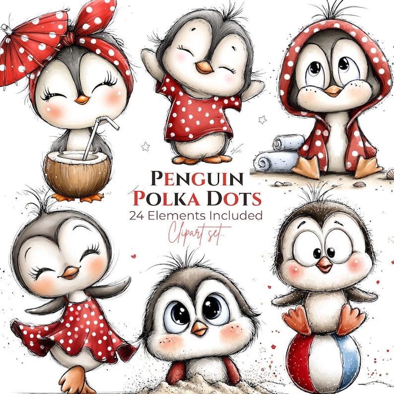 Summer Penguin Polka Dots Clipart Set, Beach Animals PNG, Red Outfit ...