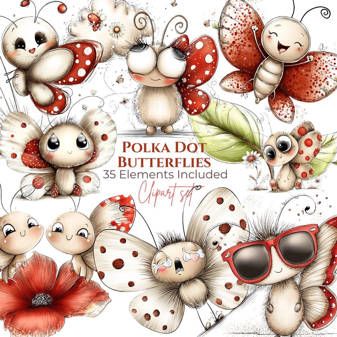 35 Pngs - Watercolor Polka Dot Butterflies Clipart Set, Spring Garden ...