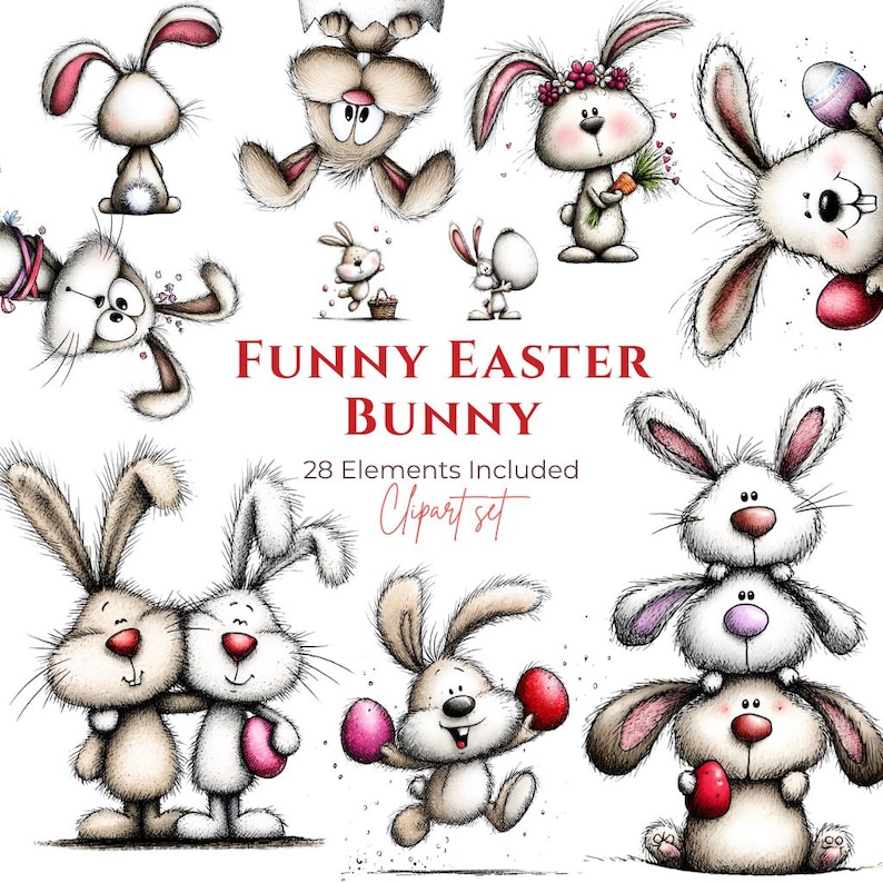 28 Pngs, Funny Easter Bunny Clipart Set, Spring Rabbit Characters ...