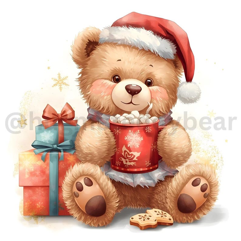 10 Jpgs - Watercolor Hot Cocoa Teddy Bear Christmas Clipart, Cozy ...