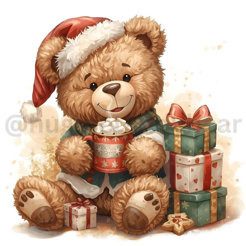 10 Jpgs - Watercolor Hot Cocoa Teddy Bear Christmas Clipart, Cozy ...