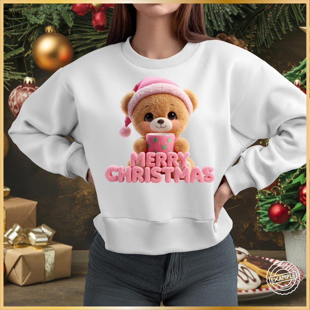 Pink Christmas Teddy Bear Clipart: Kawaii Shirt Design (digital ...