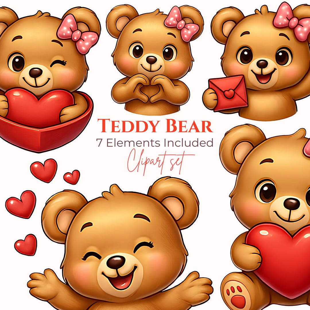 Teddy Bear Clipart Set: Valentine's Day PNG Graphics (digital Download ...