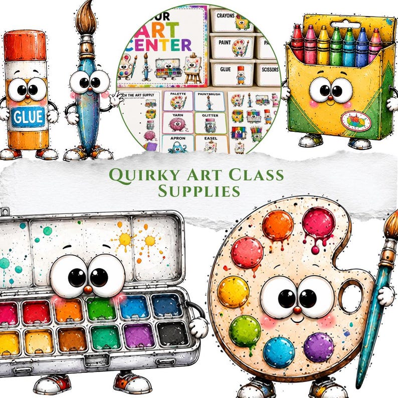Quirky Art Supplies Clipart, Preschool Craft Characters PNG, Teacher ...
