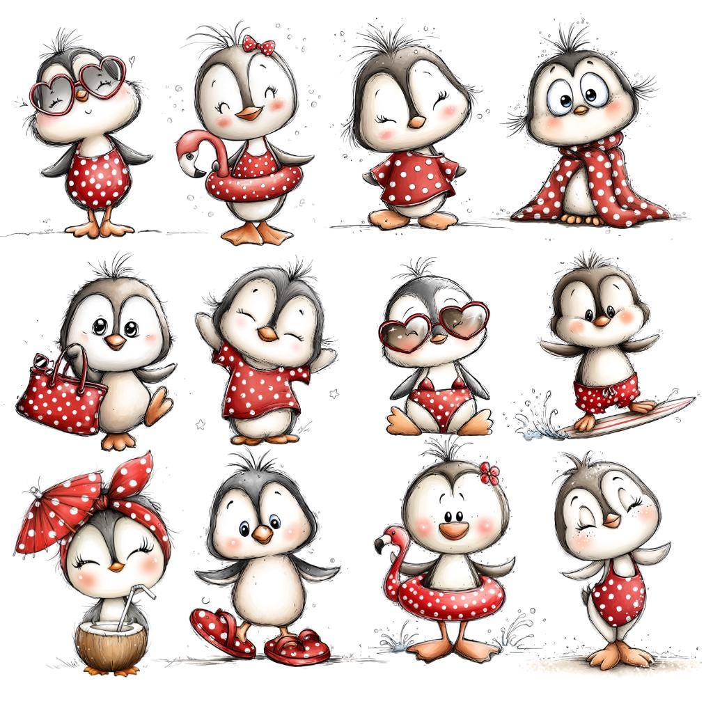 Summer Penguin Polka Dots Clipart Set, Beach Animals PNG, Red Outfit ...