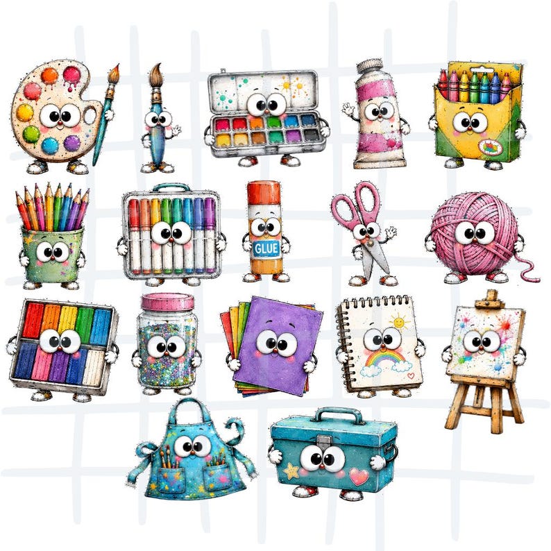 Quirky Art Supplies Clipart, Preschool Craft Characters PNG, Teacher ...