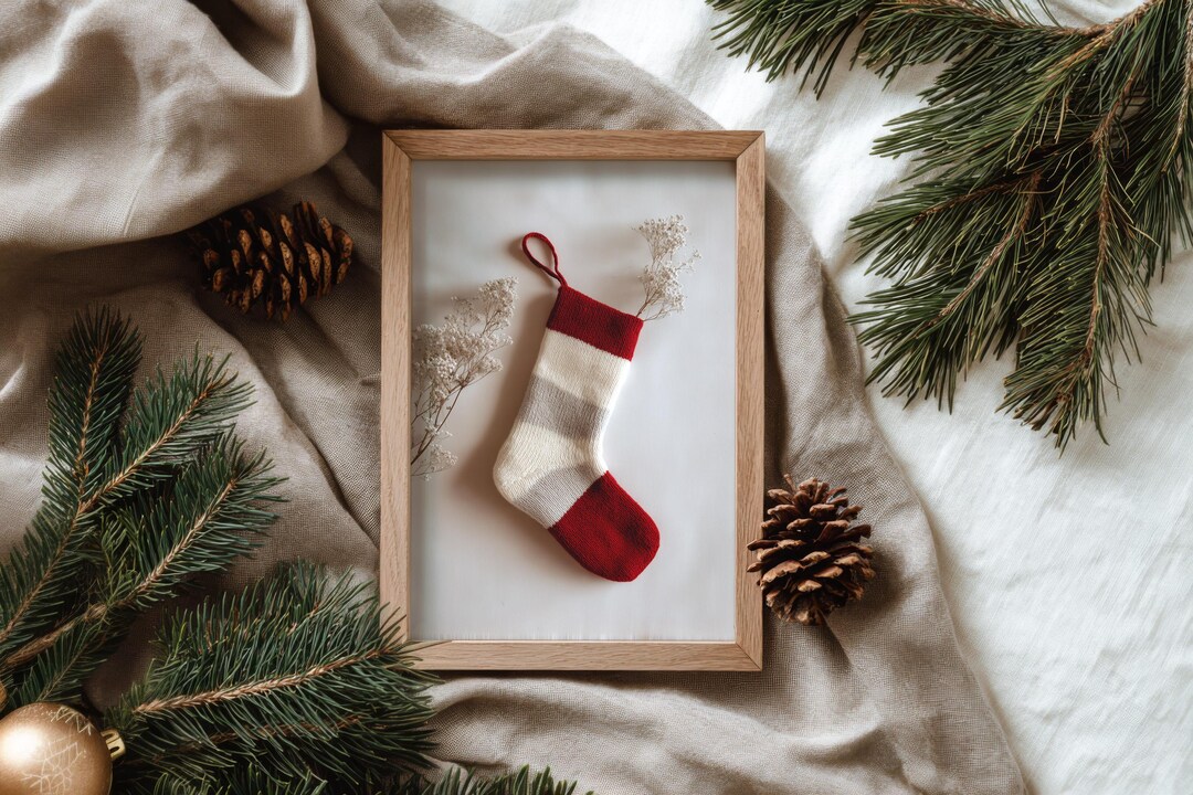 Christmas Stocking Poster | Minimal Holiday Wall Art | Soft Red & Cream ...