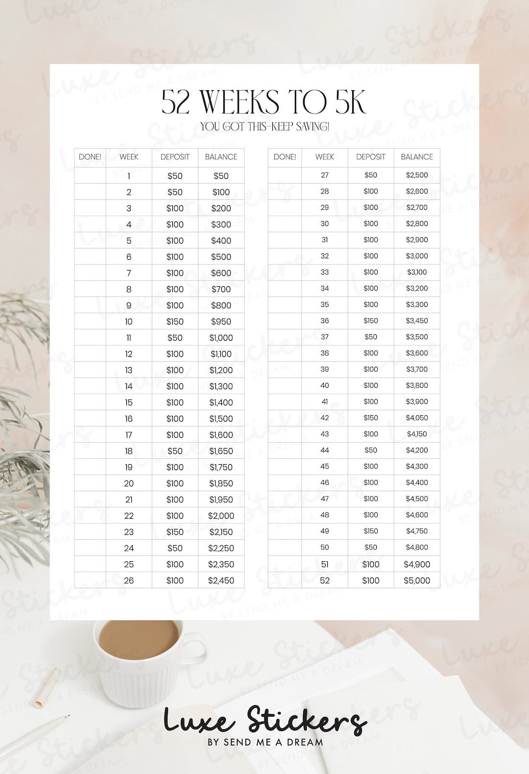 Simple Printable PDF 52 Weeks to 5K, 2024 Savings Challenge, Savings ...