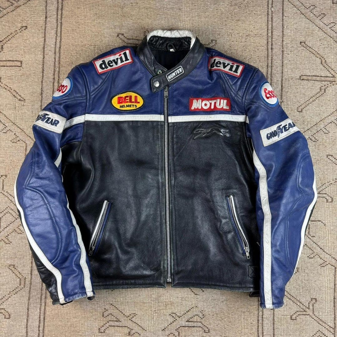 Vintage Racing Leather Jacket, Black & Blue Biker Moto Jacket With ...