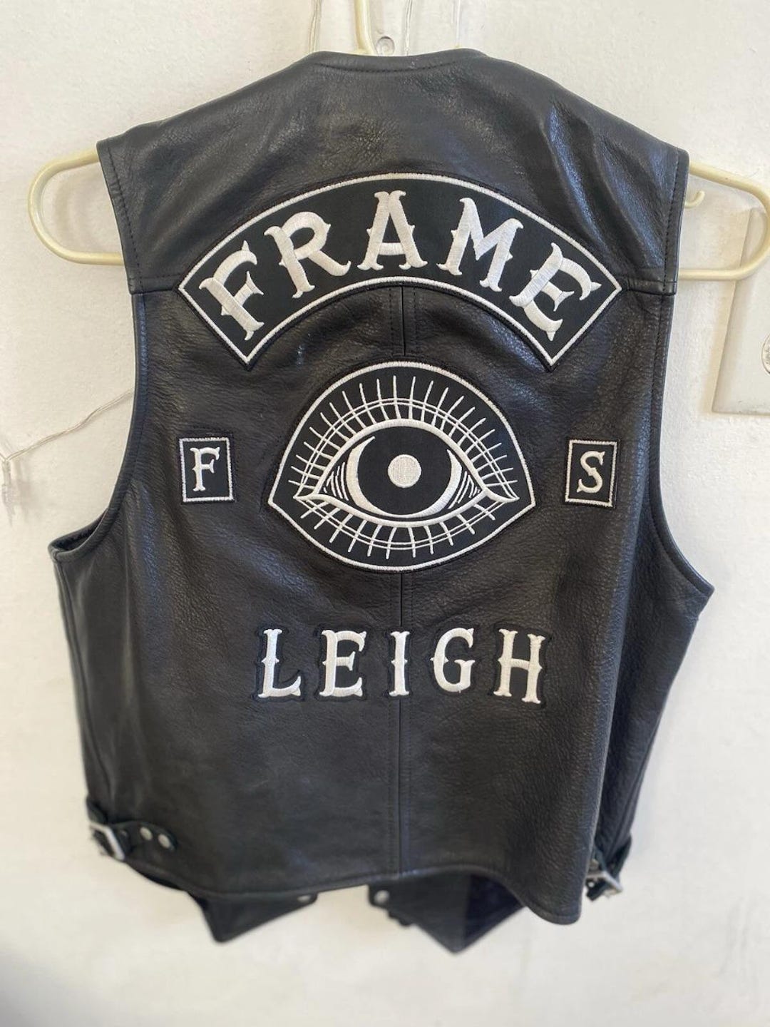 FRAME LEIGH Black Leather Biker Vest, All Seeing Eye Patch Motorcycle ...