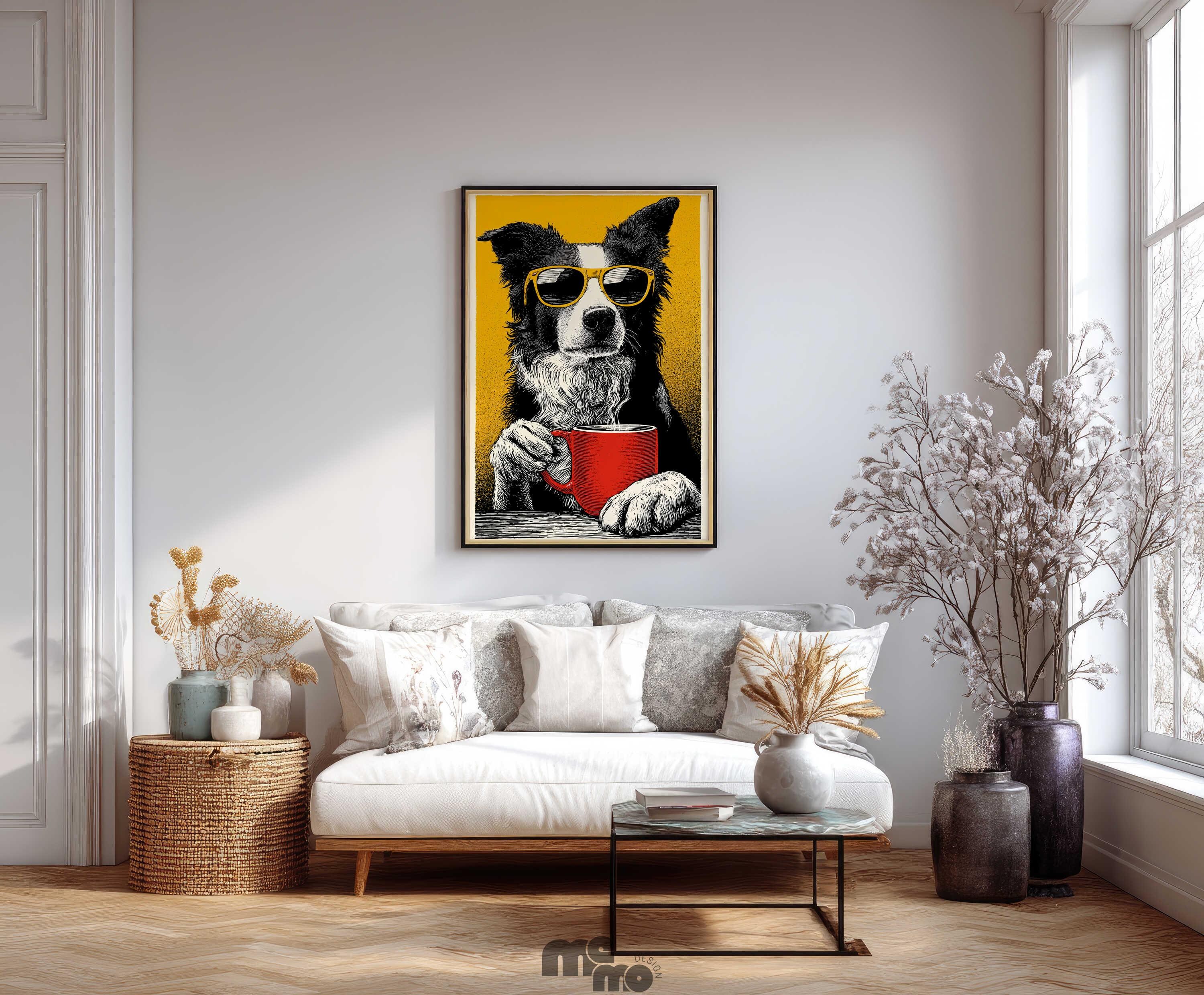 Vintage Border Collie Drinking Coffee Wall Art, Funny Dog With ...