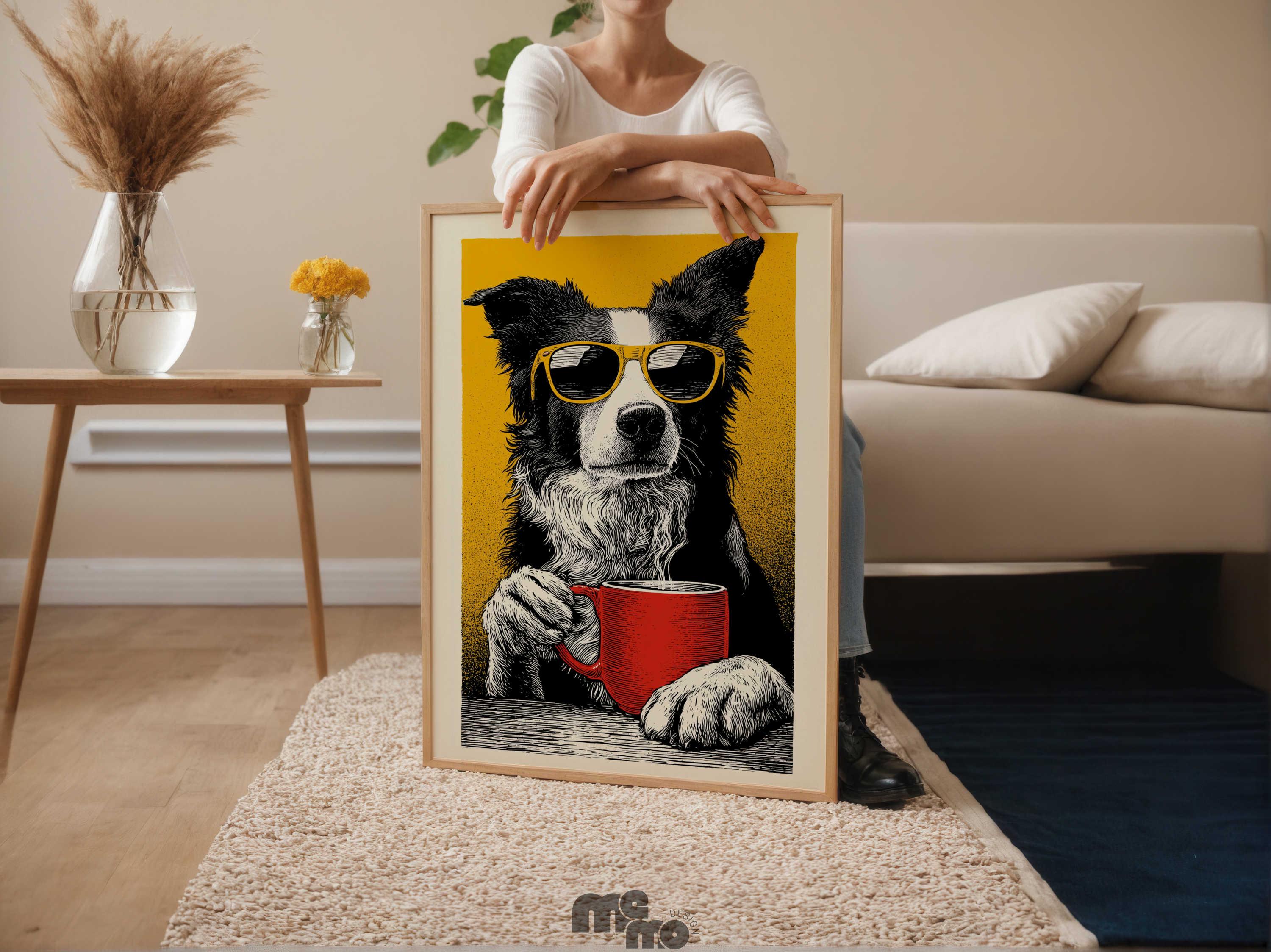 Vintage Border Collie Drinking Coffee Wall Art, Funny Dog With ...