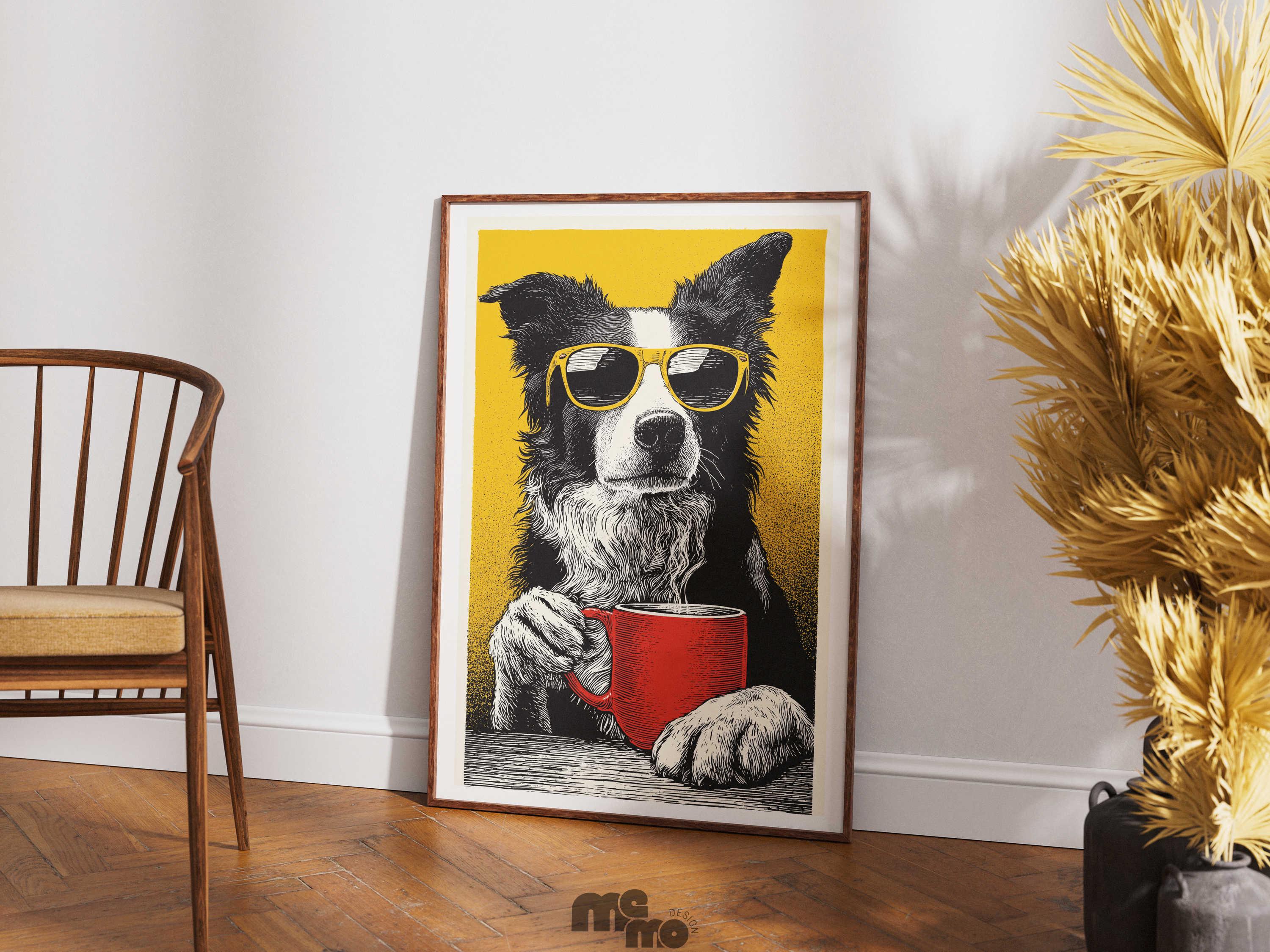 Vintage Border Collie Drinking Coffee Wall Art, Funny Dog With ...