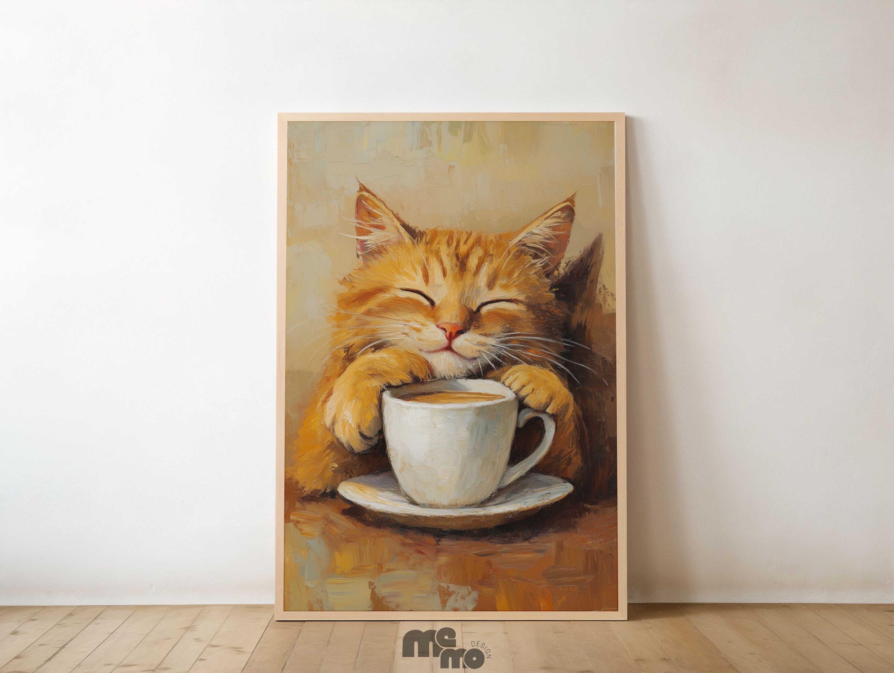Orange Tabby Cat Coffee Wall Art - Cute Cozy Ginger Cat With Coffee Cup ...