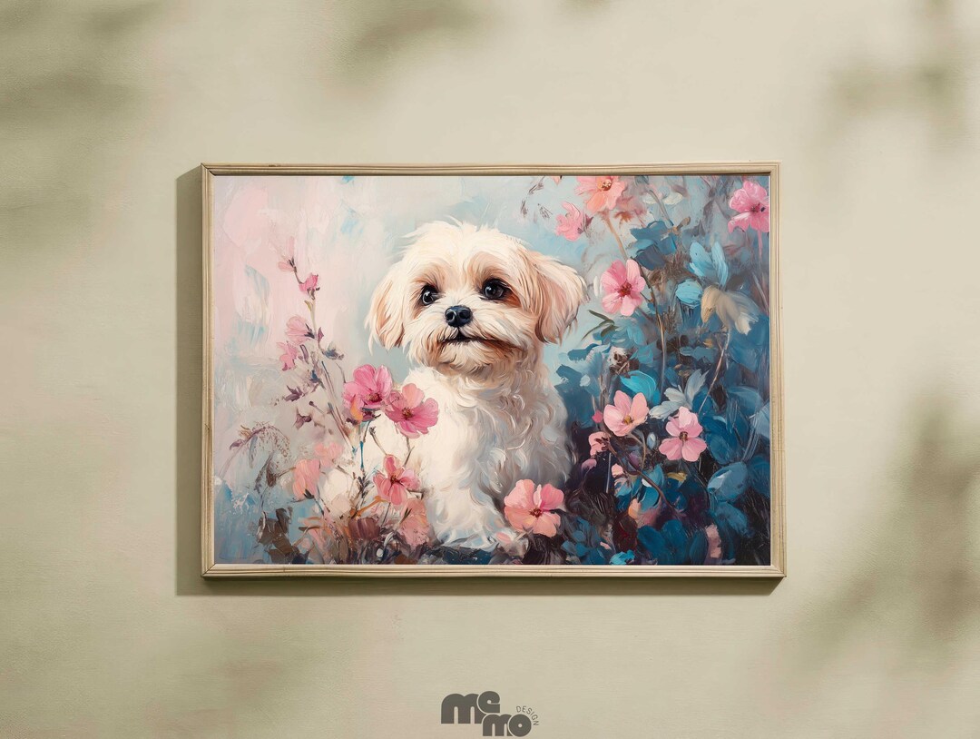 Maltese Dog Floral Wall Art Download, White Puppy Rococo Digital ...
