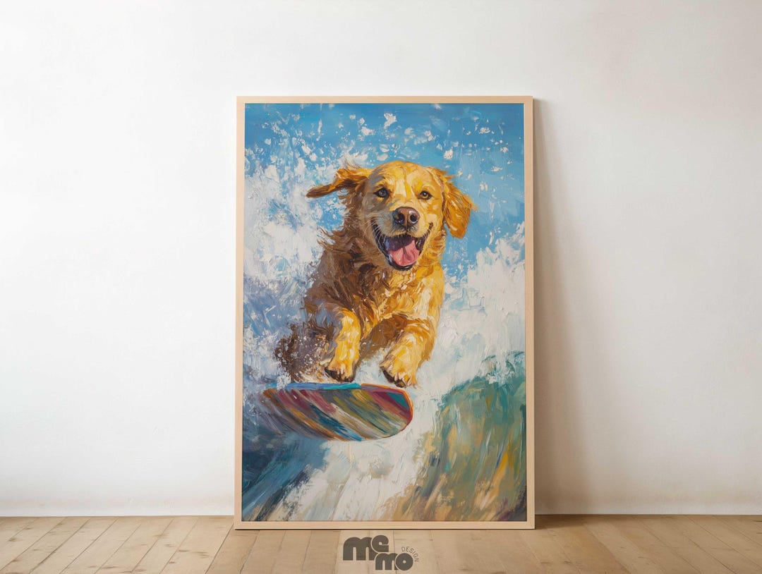 Golden Retriever Wall Art Print Surfing Dog Poster Funny Summer Beach ...