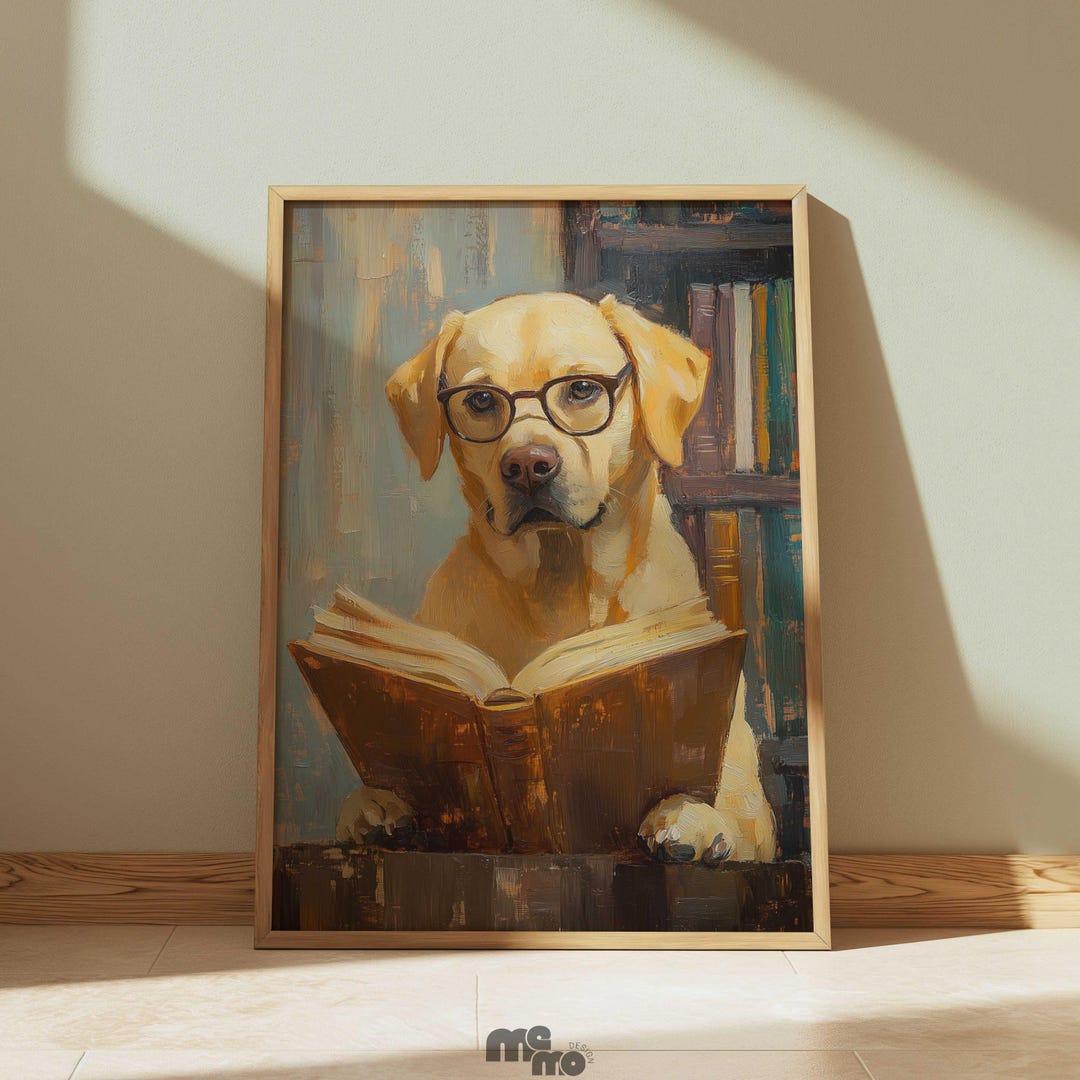 Labrador Reading Book Wall Art - Funny Dog Glasses Portrait Print ...