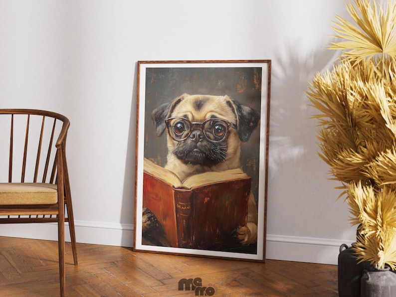 Pug Reading Book Wall Art Download - Funny Glasses Dog Poster Print ...