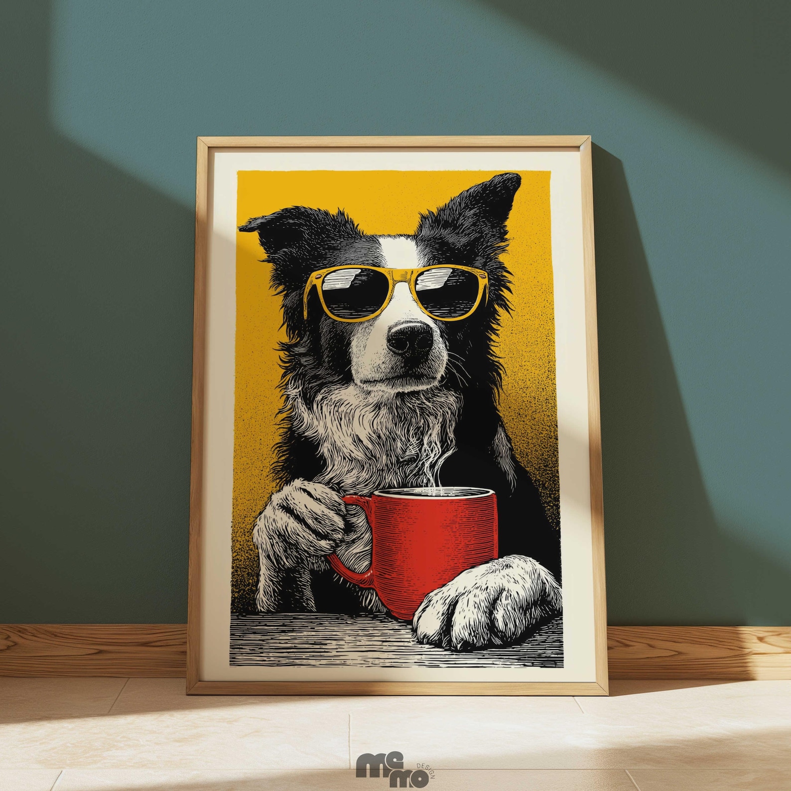 Vintage Border Collie Drinking Coffee Wall Art, Funny Dog With ...