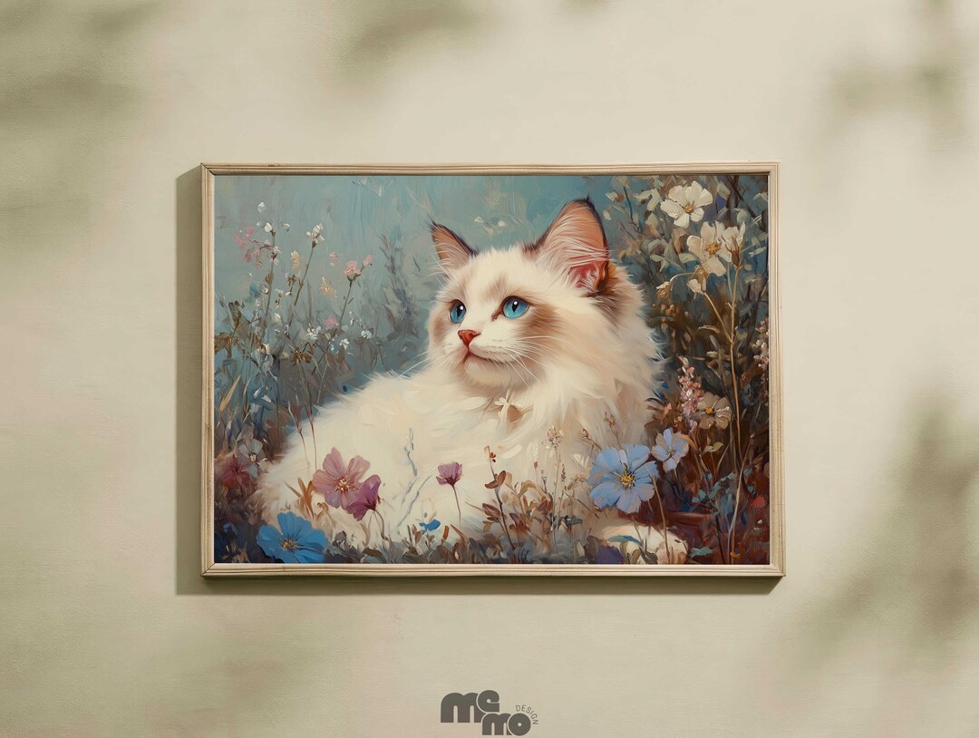 Floral Ragdoll Cat Wall Art Poster, Rococo Cat Portrait Oil Painting ...