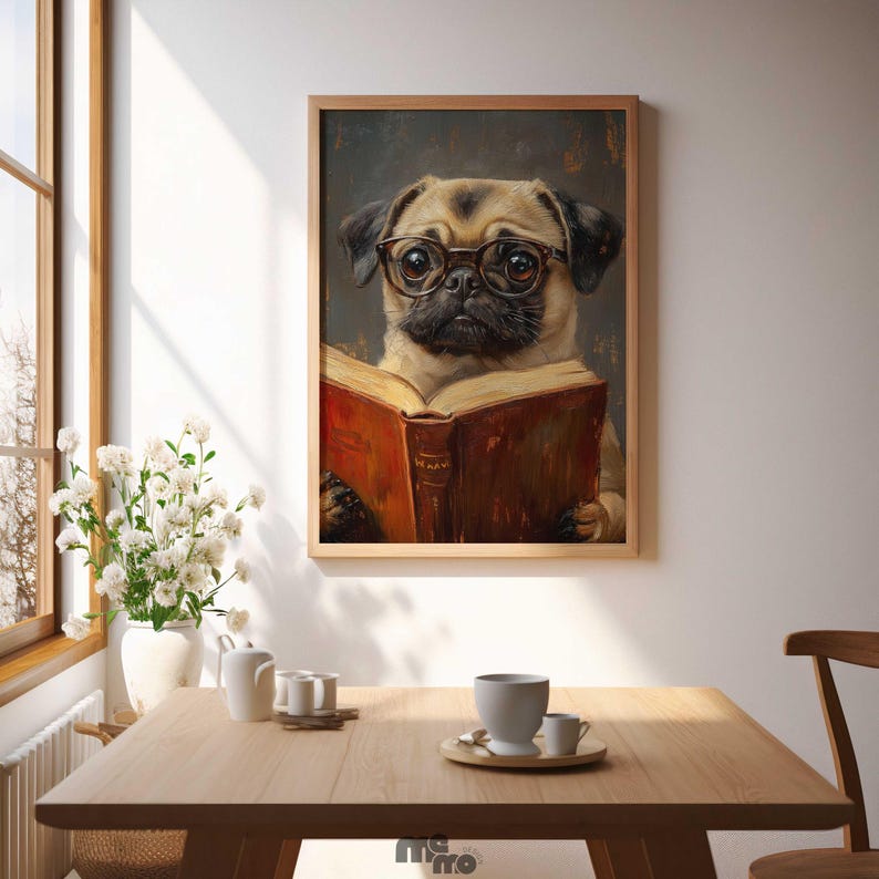Pug Reading Book Wall Art Download - Funny Glasses Dog Poster Print ...
