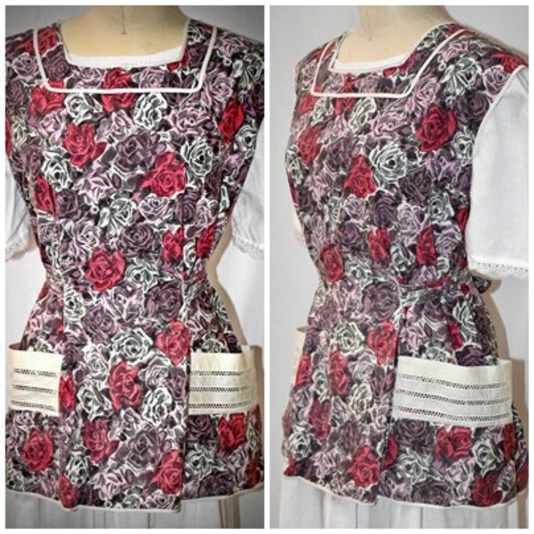 Vintage 1950s Pink, White and Plum Rose Print Cotton Kitchen Smock or ...